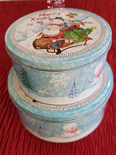 HADAAYA Round Merry Xmas Christmas Decorative Holiday Gifting tins, Set of 2. watercolor painted look with Santa, Snowman & Reindeer moose with Xmas tree