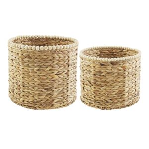 mud pie hyacinth beaded basket set, brown, small 9" x 12" dia | large 11" x 14" dia