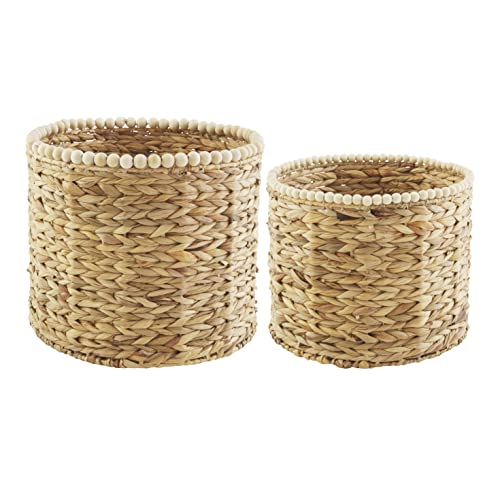 Mud Pie Hyacinth Beaded Basket Set, Brown, small 9" x 12" dia | large 11" x 14" dia