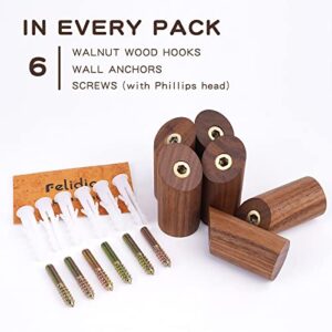 Felidio 6 Pack Wood Hooks, Natural Coat Hooks Wall Mounted - Rustic Heavy Duty Wall Hooks for Hanging Towels Coats - Entrance Hat Rack Coat Rack Wall Hanger (Walnut Wood)