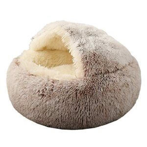 kwewik cat bed round soft plush burrowing cave hooded cat bed donut for dogs & cats, faux fur cuddler round comfortable self warming pet bed, machine washable, waterproof bottom, small, coffee