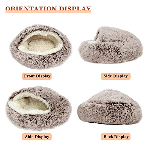 KWEWIK Cat Bed Round Soft Plush Burrowing Cave Hooded Cat Bed Donut for Dogs & Cats, Faux Fur Cuddler Round Comfortable Self Warming pet Bed, Machine Washable, Waterproof Bottom, Small, Coffee