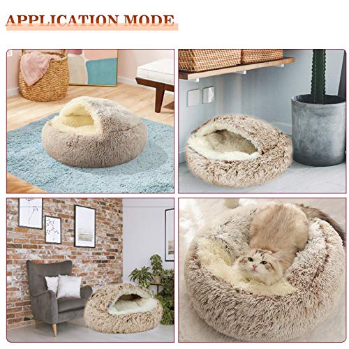 KWEWIK Cat Bed Round Soft Plush Burrowing Cave Hooded Cat Bed Donut for Dogs & Cats, Faux Fur Cuddler Round Comfortable Self Warming pet Bed, Machine Washable, Waterproof Bottom, Small, Coffee