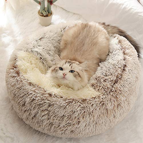 KWEWIK Cat Bed Round Soft Plush Burrowing Cave Hooded Cat Bed Donut for Dogs & Cats, Faux Fur Cuddler Round Comfortable Self Warming pet Bed, Machine Washable, Waterproof Bottom, Small, Coffee