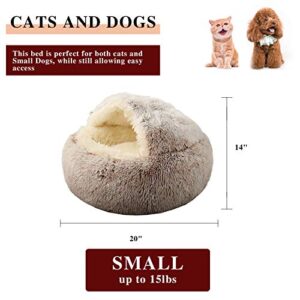 KWEWIK Cat Bed Round Soft Plush Burrowing Cave Hooded Cat Bed Donut for Dogs & Cats, Faux Fur Cuddler Round Comfortable Self Warming pet Bed, Machine Washable, Waterproof Bottom, Small, Coffee