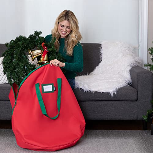 Christmas Wreath Storage Bag- 2-Pack - Durable Tarp Material, Zippered, Reinforced Handle and Easy to Slip The Wreath in and Out. Protect Your Holiday Wreath from Dust, Insects, and Moisture. (RED)