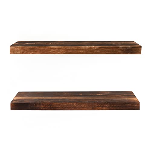 Thielsen - Rustic Floating Shelves, Bathroom Shelves, Home Decor Rustic Wood Shelves with Metal Bracket and Mounting Level, Wall Mounted Wood Shelves, Set of 2