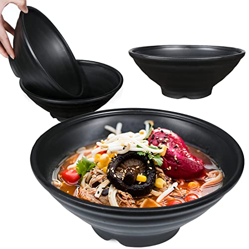 shopwithgreen Unbreakable Plastic Japanese Style Ramen Bowl Set of 4-44 OZ Large Ramen Bowls for Pho Thai Miso Udon Soup Noodles - Dishwasher Safe & BPA free Bowl Set for Family (Black)