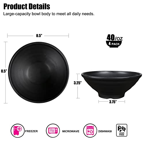 shopwithgreen Unbreakable Plastic Japanese Style Ramen Bowl Set of 4-44 OZ Large Ramen Bowls for Pho Thai Miso Udon Soup Noodles - Dishwasher Safe & BPA free Bowl Set for Family (Black)