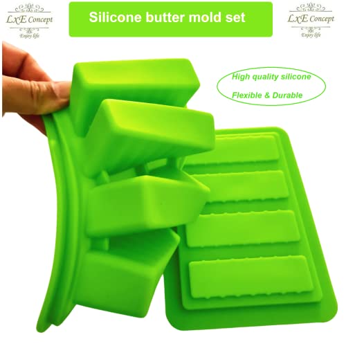 Butter Molds Silicone Tray 2packs - with Silicone Spatula, Container with Lid 4 Stick Forms for Making Herb Butter Candles Baking Cookies (LXE02.2 Green & Purple)