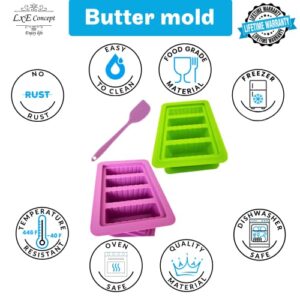 Butter Molds Silicone Tray 2packs - with Silicone Spatula, Container with Lid 4 Stick Forms for Making Herb Butter Candles Baking Cookies (LXE02.2 Green & Purple)