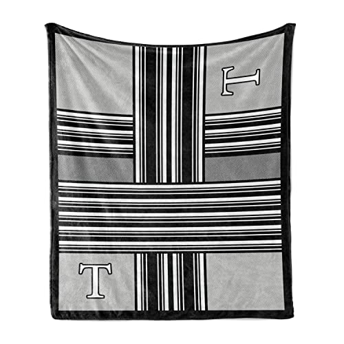 Ambesonne Letter T Throw Blanket, Monochrome Style Lines and Stripes with Old Vintage Look Classic Geometry, Flannel Fleece Accent Piece Soft Couch Cover for Adults, 50" x 60", Charcoal Grey White