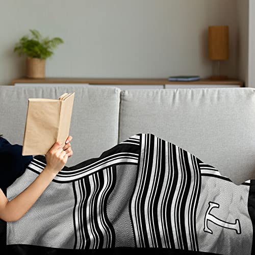 Ambesonne Letter T Throw Blanket, Monochrome Style Lines and Stripes with Old Vintage Look Classic Geometry, Flannel Fleece Accent Piece Soft Couch Cover for Adults, 50" x 60", Charcoal Grey White