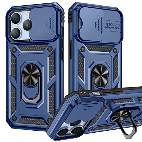 Goton Armor Case for iPhone 13 Pro Case with Slide Camera Cover & Kickstand, Heavy Duty Military Grade Protection Phone Case, Built-in 360° Rotate Ring Stand, Shockproof Full Body Rugged Case (Blue)