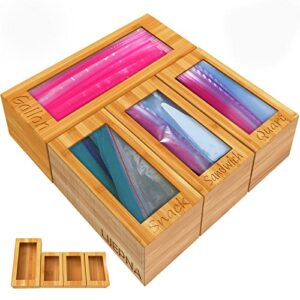 ziplock bag storage organizer for kitchen drawer,lijepna bamboo ziploc bag organizer,4 separate baggie organizer, suitable for gallon, quart, sandwich & snack variety size bag (4 box set)