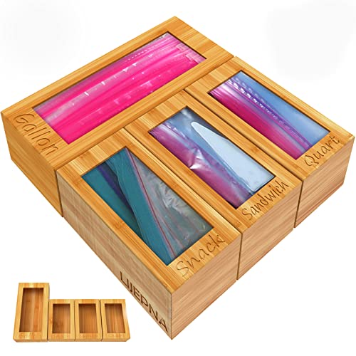 Ziplock Bag Storage Organizer for Kitchen Drawer,LIJEPNA Bamboo Ziploc Bag Organizer,4 Separate Baggie Organizer, Suitable for Gallon, Quart, Sandwich & Snack Variety Size Bag (4 box set)