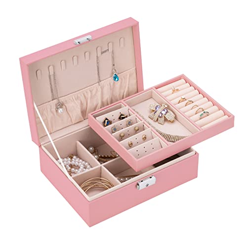 Smileshe Jewelry Box for Women Girls, PU Leather Organizer Holder Boxes with Lock, 2 Layers Removable Display Storage Travel Case for Rings Earrings Necklaces Bracelets