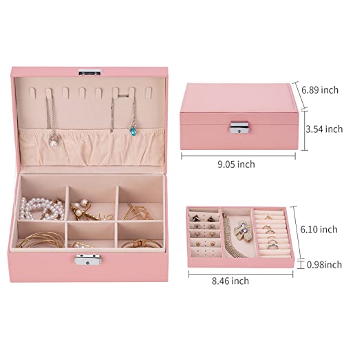 Smileshe Jewelry Box for Women Girls, PU Leather Organizer Holder Boxes with Lock, 2 Layers Removable Display Storage Travel Case for Rings Earrings Necklaces Bracelets