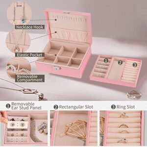 Smileshe Jewelry Box for Women Girls, PU Leather Organizer Holder Boxes with Lock, 2 Layers Removable Display Storage Travel Case for Rings Earrings Necklaces Bracelets