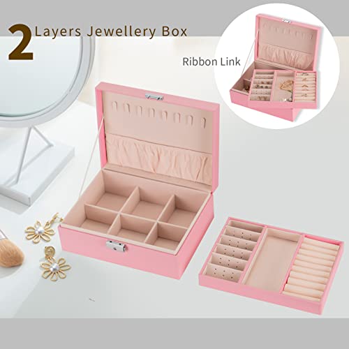 Smileshe Jewelry Box for Women Girls, PU Leather Organizer Holder Boxes with Lock, 2 Layers Removable Display Storage Travel Case for Rings Earrings Necklaces Bracelets