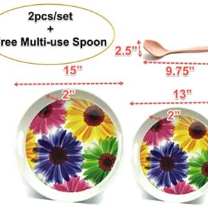 Christmas Serving Tray, Melamine Round Serving Tray Decorative Serving Tray for Tea, Drinks, Fruits in Size 13"/15"+ Free Serving Spoon (Flower-2pcs/set)