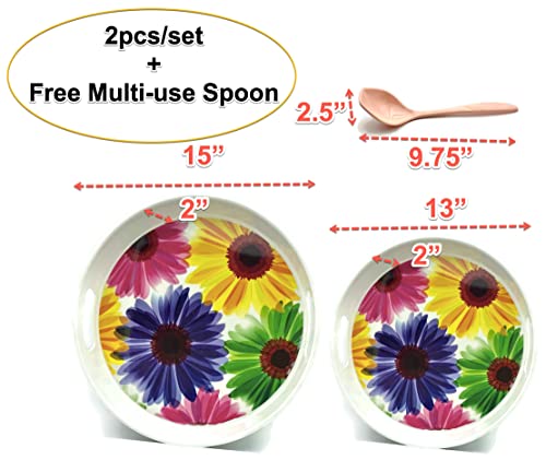 Christmas Serving Tray, Melamine Round Serving Tray Decorative Serving Tray for Tea, Drinks, Fruits in Size 13"/15"+ Free Serving Spoon (Flower-2pcs/set)