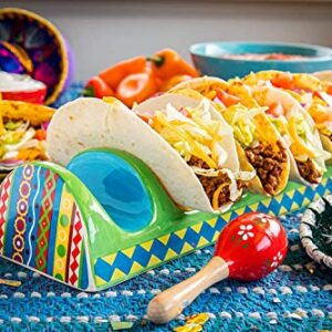 Ceramic Taco Holder Stand - Colorful Handmade Taco Stand with 6 Dividers - Taco Shell Holder for Soft or Hard Taco Shells for Taco Tuesday, 14 Inches Long by 4 Inches Wide