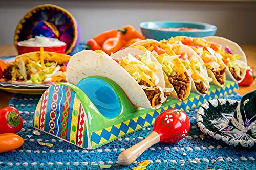 Ceramic Taco Holder Stand - Colorful Handmade Taco Stand with 6 Dividers - Taco Shell Holder for Soft or Hard Taco Shells for Taco Tuesday, 14 Inches Long by 4 Inches Wide