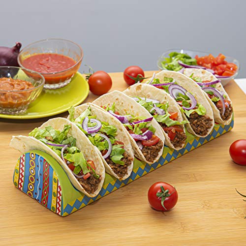 Ceramic Taco Holder Stand - Colorful Handmade Taco Stand with 6 Dividers - Taco Shell Holder for Soft or Hard Taco Shells for Taco Tuesday, 14 Inches Long by 4 Inches Wide