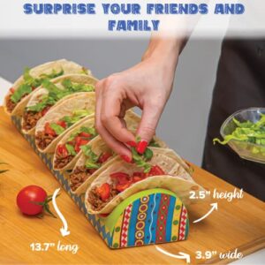 Ceramic Taco Holder Stand - Colorful Handmade Taco Stand with 6 Dividers - Taco Shell Holder for Soft or Hard Taco Shells for Taco Tuesday, 14 Inches Long by 4 Inches Wide