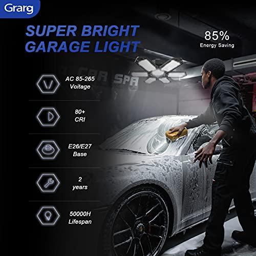 Grarg 2 Pack 185W LED Garage Lights, 18500LM 6500K Deformable Garage Ceiling Light with 6 Adjustable Panels, Super Bright Garage Light Compatible with E26/E27 Socket for Basement, Warehouse, etc