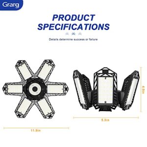 Grarg 2 Pack 185W LED Garage Lights, 18500LM 6500K Deformable Garage Ceiling Light with 6 Adjustable Panels, Super Bright Garage Light Compatible with E26/E27 Socket for Basement, Warehouse, etc