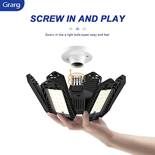 Grarg 2 Pack 185W LED Garage Lights, 18500LM 6500K Deformable Garage Ceiling Light with 6 Adjustable Panels, Super Bright Garage Light Compatible with E26/E27 Socket for Basement, Warehouse, etc