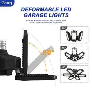 Grarg 2 Pack 185W LED Garage Lights, 18500LM 6500K Deformable Garage Ceiling Light with 6 Adjustable Panels, Super Bright Garage Light Compatible with E26/E27 Socket for Basement, Warehouse, etc