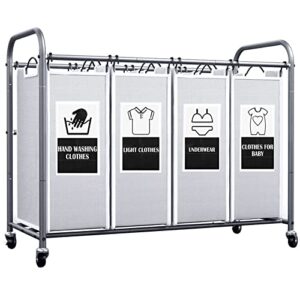 c&ahome 4-bag laundry sorter cart, rolling laundry hamper organizer, laundry basket sorter, removable bags with 6 sorting cards and heavy duty rolling lockable wheel for clothes storage, grey ulscm04g