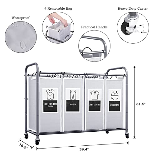 C&AHOME 4-Bag Laundry Sorter Cart, Rolling Laundry Hamper Organizer, Laundry Basket Sorter, Removable Bags with 6 Sorting Cards and Heavy Duty Rolling Lockable Wheel for Clothes Storage, Grey ULSCM04G