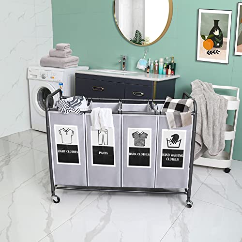 C&AHOME 4-Bag Laundry Sorter Cart, Rolling Laundry Hamper Organizer, Laundry Basket Sorter, Removable Bags with 6 Sorting Cards and Heavy Duty Rolling Lockable Wheel for Clothes Storage, Grey ULSCM04G