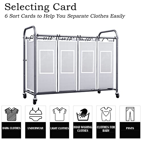 C&AHOME 4-Bag Laundry Sorter Cart, Rolling Laundry Hamper Organizer, Laundry Basket Sorter, Removable Bags with 6 Sorting Cards and Heavy Duty Rolling Lockable Wheel for Clothes Storage, Grey ULSCM04G