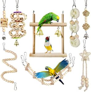 8 pcs bird toy parrot swing chewing toys- hanging wooden swing chewing toy bells, ladder swing for small parrots, macaws, parakeets, conures, cockatiels, love birds (011)