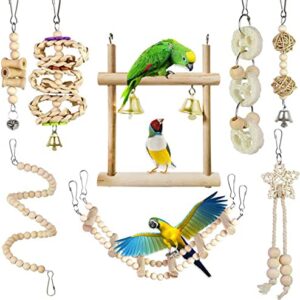 8 Pcs Bird Toy Parrot Swing Chewing Toys- Hanging Wooden Swing Chewing Toy Bells, Ladder Swing for Small Parrots, Macaws, Parakeets, Conures, Cockatiels, Love Birds (011)