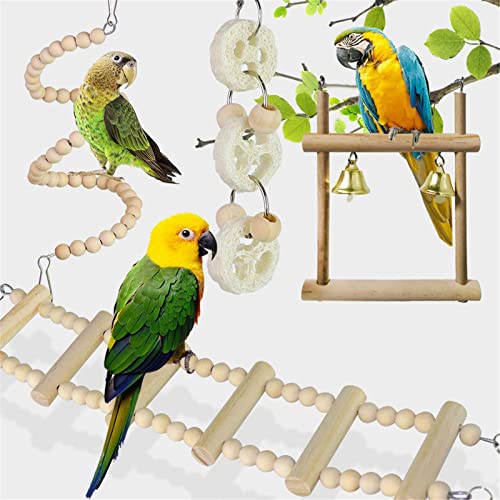 8 Pcs Bird Toy Parrot Swing Chewing Toys- Hanging Wooden Swing Chewing Toy Bells, Ladder Swing for Small Parrots, Macaws, Parakeets, Conures, Cockatiels, Love Birds (011)