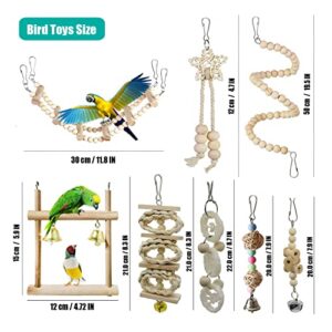 8 Pcs Bird Toy Parrot Swing Chewing Toys- Hanging Wooden Swing Chewing Toy Bells, Ladder Swing for Small Parrots, Macaws, Parakeets, Conures, Cockatiels, Love Birds (011)