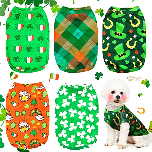 5 Pieces Dog Shirt Breathable Pet T-Shirt Pullover Shamrock Cute Dog Puppy Clothes Plaid Heart Printed Green Funny Dog Apparel Costume for Small Large Dog Cat (Large)