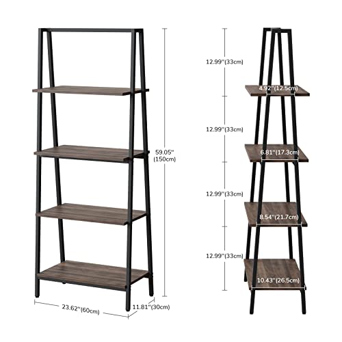 Novilla Bookshelf, 4-Tier Freestanding Storage Bookcase, Industrial Style Display Ladder Shelf for Living Room, Home Office, Bedroom, Kitchen, Walnut