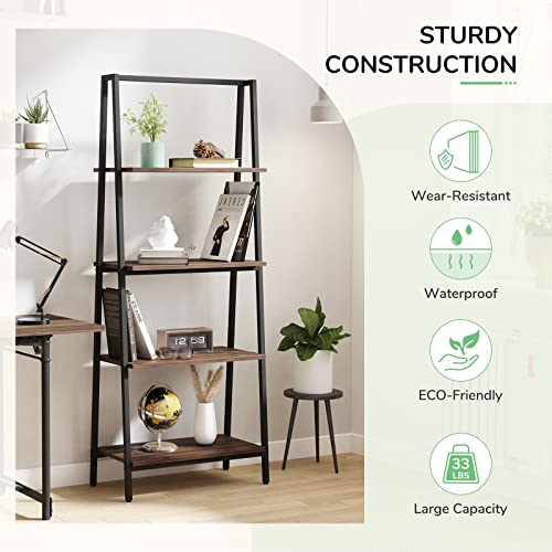 Novilla Bookshelf, 4-Tier Freestanding Storage Bookcase, Industrial Style Display Ladder Shelf for Living Room, Home Office, Bedroom, Kitchen, Walnut