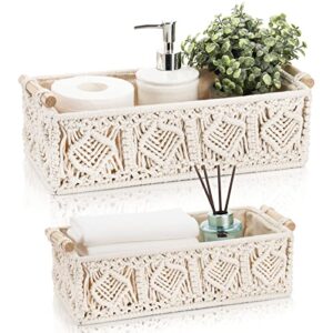 zoofox set of 3 macrame storage basket, handmade woven boho basket with cloth liner and wooden handles, decorative toilet tank shelf cabinet organizer for bedroom living room nursery