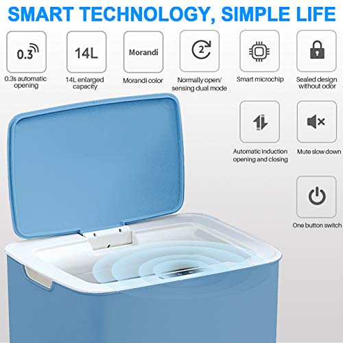 Automatic Trash Can, Non-Touch Sensor Plastic Garbage Bin 3.7 Gallon/14 L Waste Basket for Bathroom Kitchen Office(Blue)