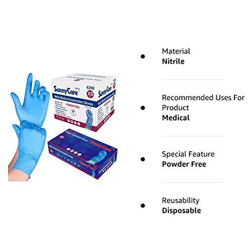 1000Pcs SunnyCare 8200 Blue Nitrile Medical Exam Gloves Powder Free Chemo-Rated (Non Vinyl Latex) 100/box;10boxes/case Size: X-Small