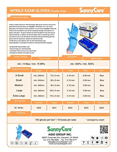 1000Pcs SunnyCare 8200 Blue Nitrile Medical Exam Gloves Powder Free Chemo-Rated (Non Vinyl Latex) 100/box;10boxes/case Size: X-Small