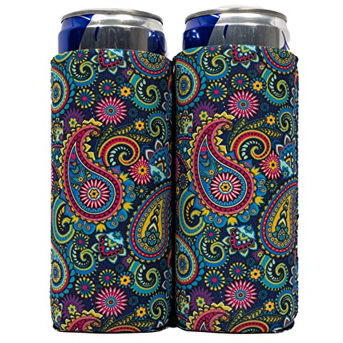 QualityPerfection Slim Can Coolers Sleeves (2 Pack) Insulated, Beer/Energy Drink Premium Neoprene 4mm Thickness Thermocoolers for 12 oz Skinny Beverage Can Covers (Old Paisley)